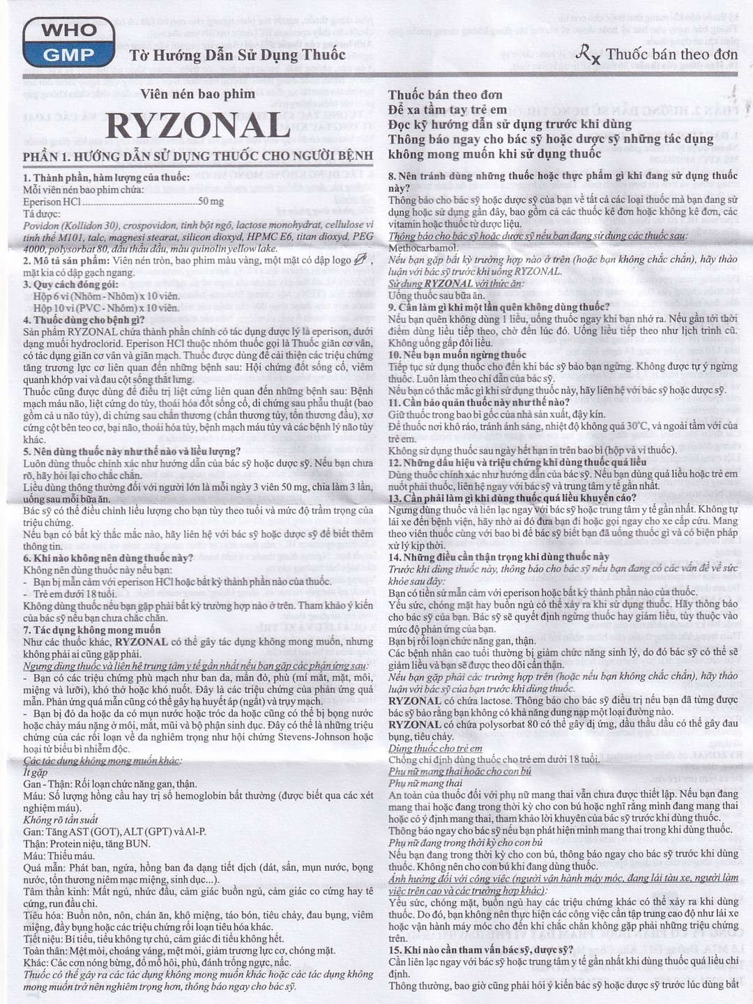 Ryzonal 50mg cải thiện triệu chứng tăng trương lực cơ (60 viên)