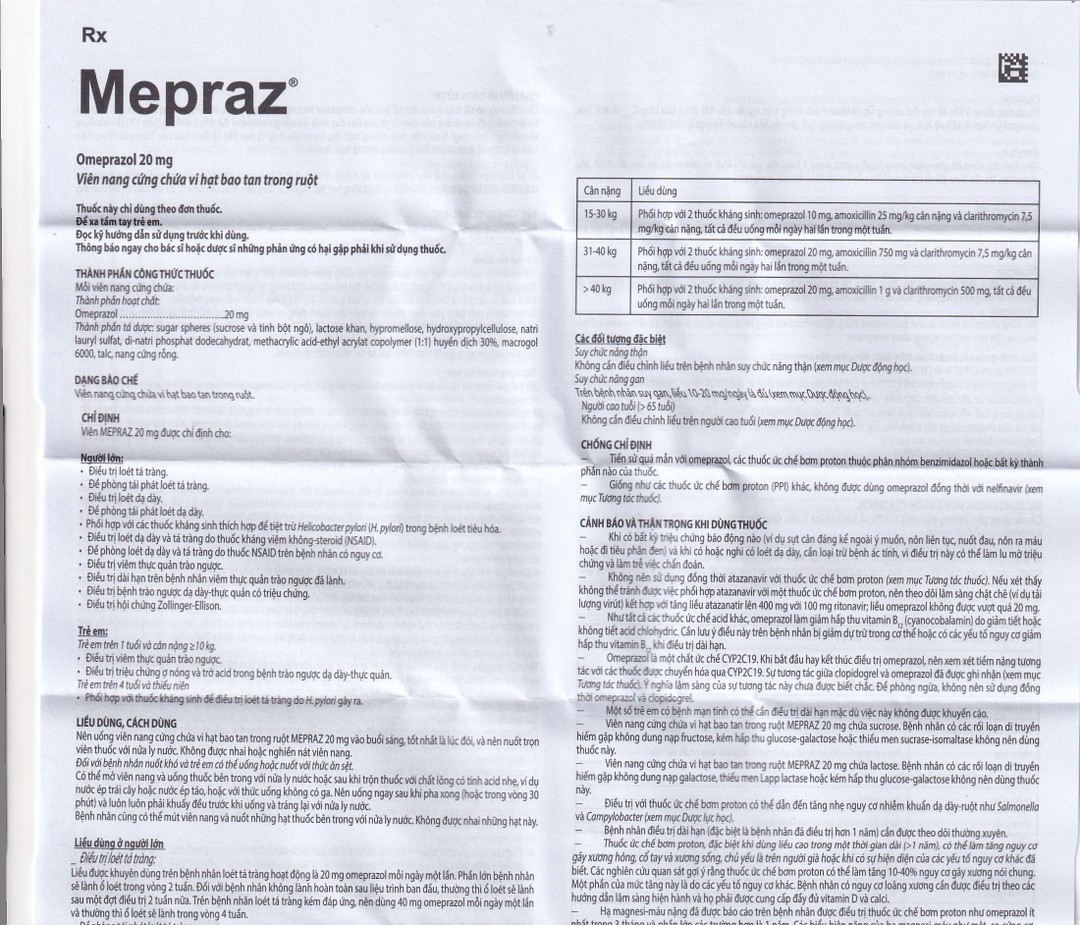 Viên nang cứng Mepraz 20mg Sanofi điều trị loét dạ dày tá tràng, viêm ...