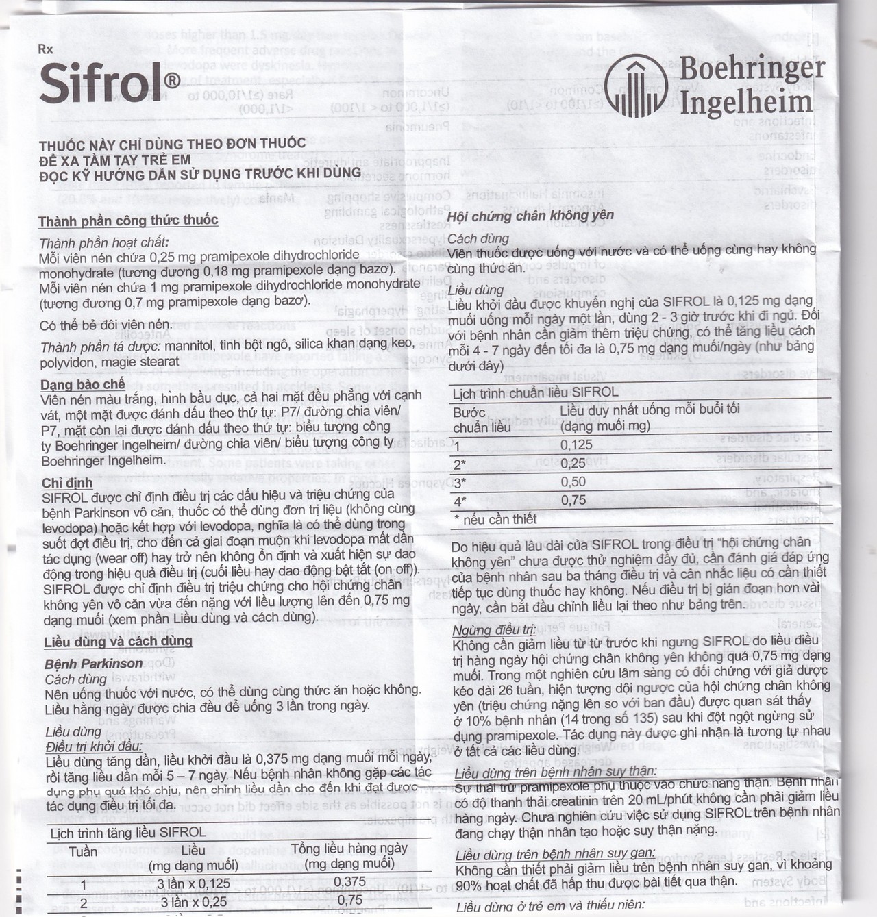 Thuốc Sifrol 0.25mg Boehringer trị bệnh parkinson (3 vỉ x 10 viên)
