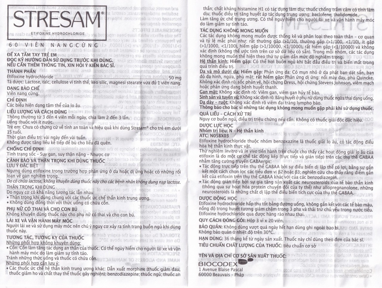 Thuốc Stresam Biocodex chống lo âu (3 vỉ x 20 viên)