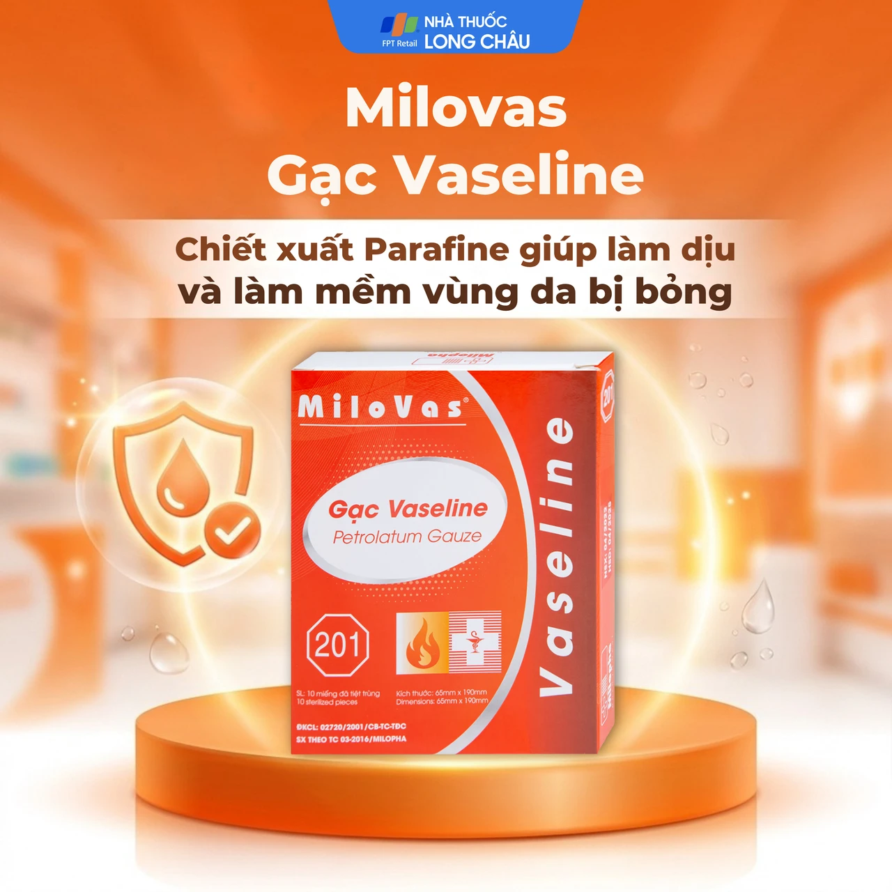 Gạc Vaseline Milovas Milopha đắp vết thương, trị bỏng (10 miếng)