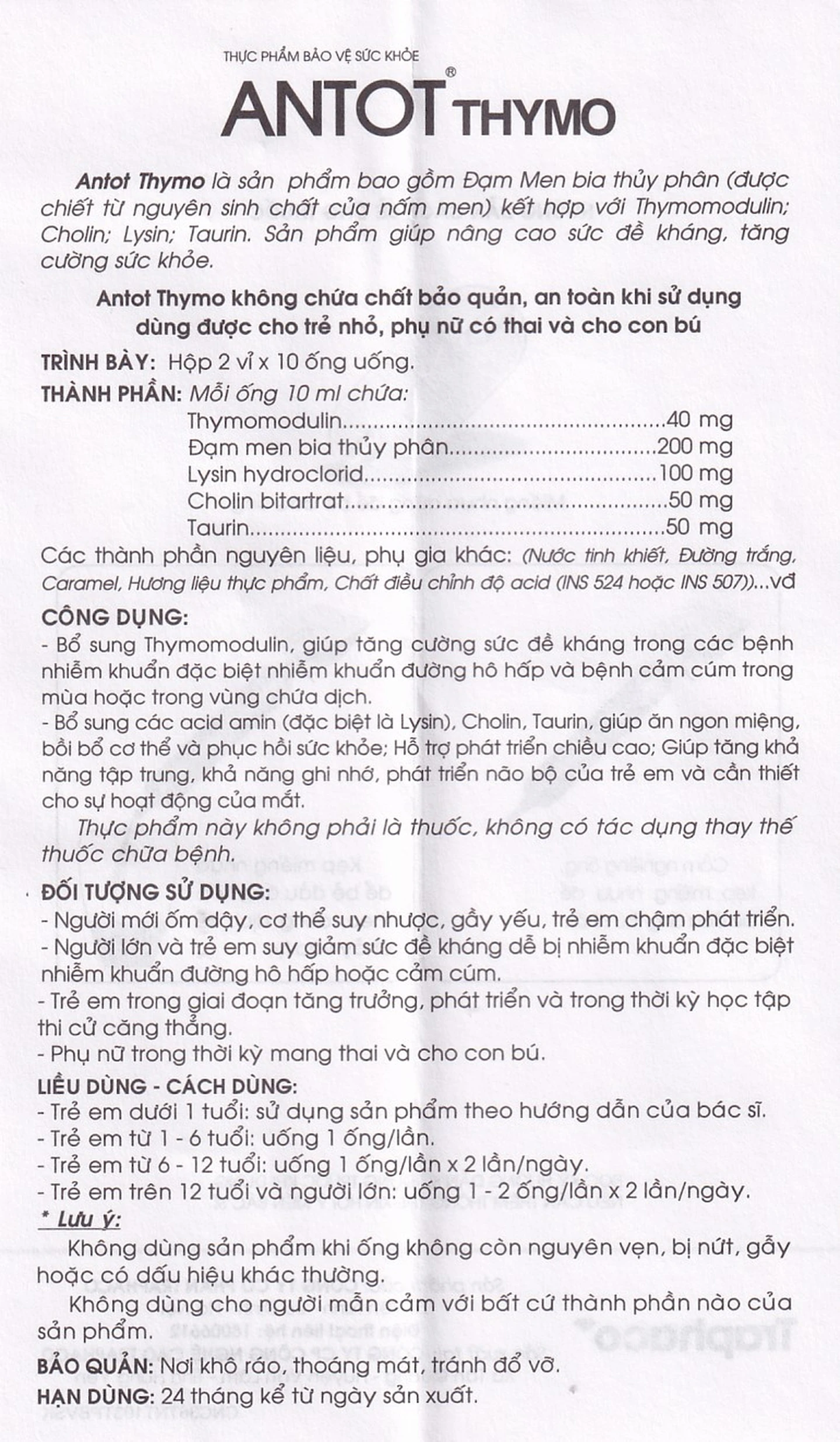 Dung dịch uống Antot Thymo Traphaco tăng cường sức đề kháng (2 vỉ x 10 ...