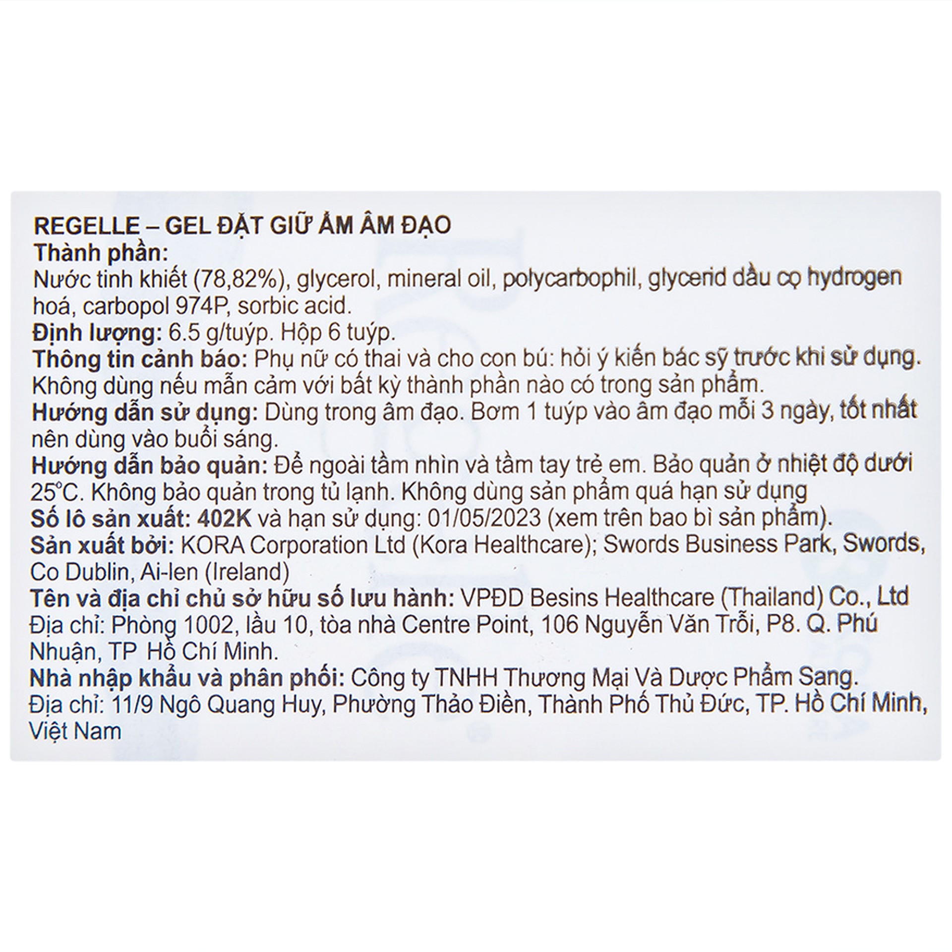Gel đặt giữ ẩm âm đạo Regelle trị khô, ngứa, khó chịu (Hộp 6 tuýp)