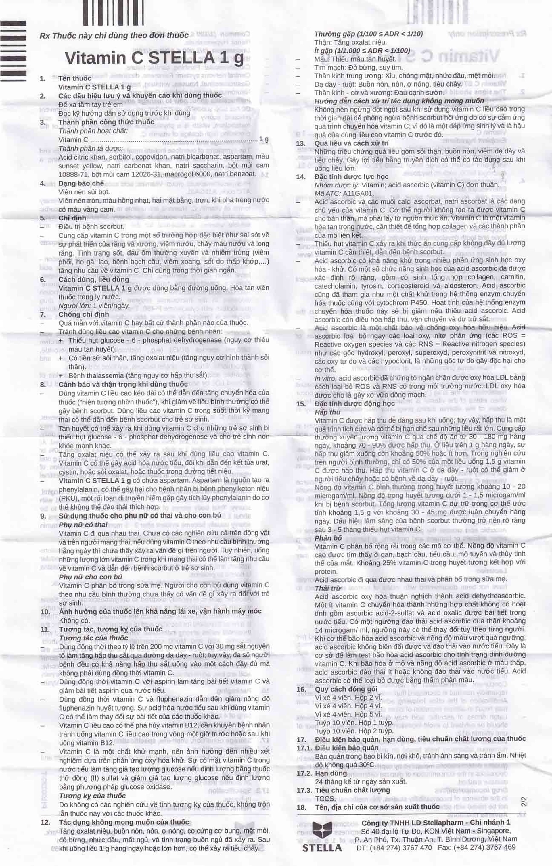 Thuốc Vitamin C 1g Stella trị bệnh scorbut, thiếu hụt vitamin C