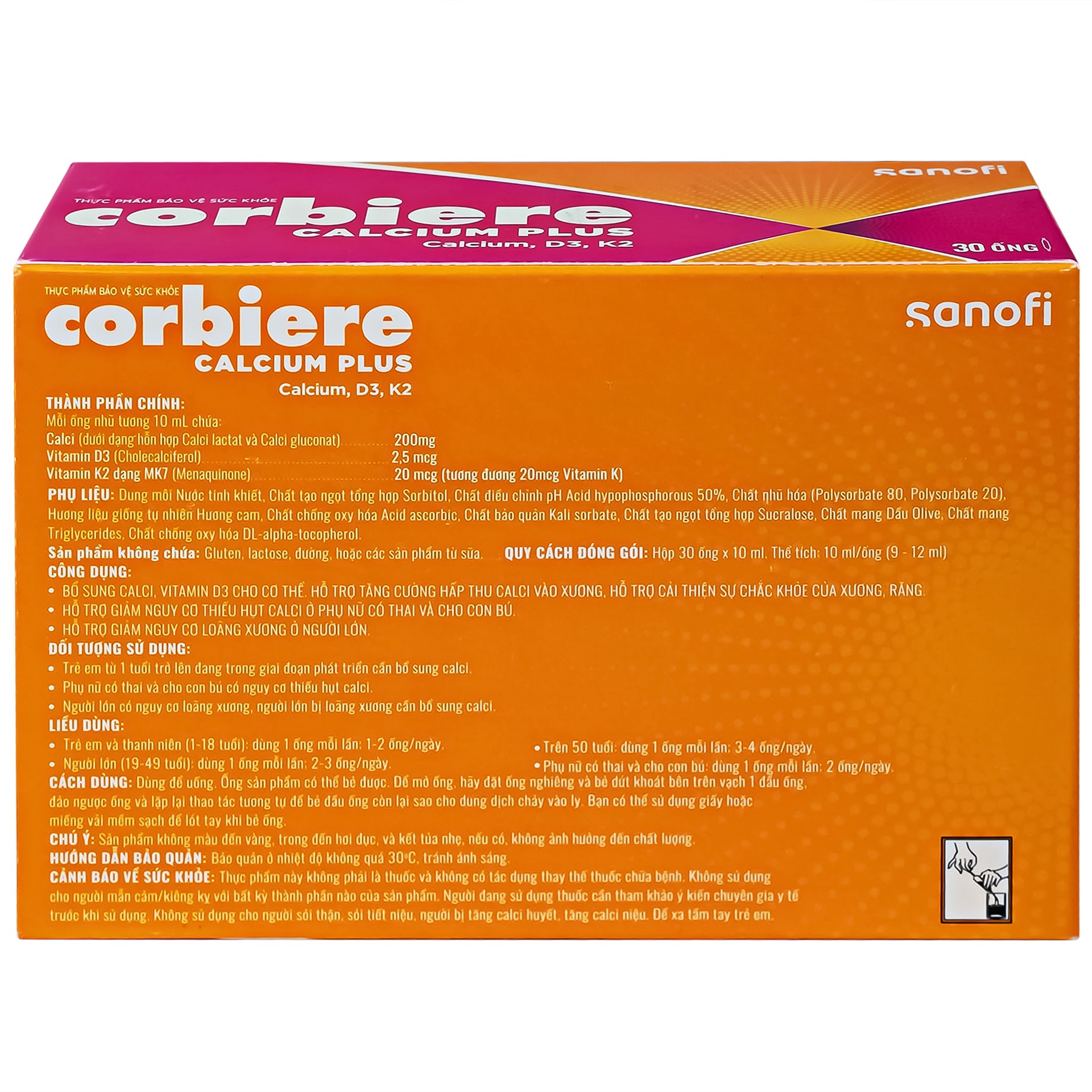 Corbiere Calcium Plus Sanofi bổ sung calci, vitamin D3 (3 vỉ x 10 ống)