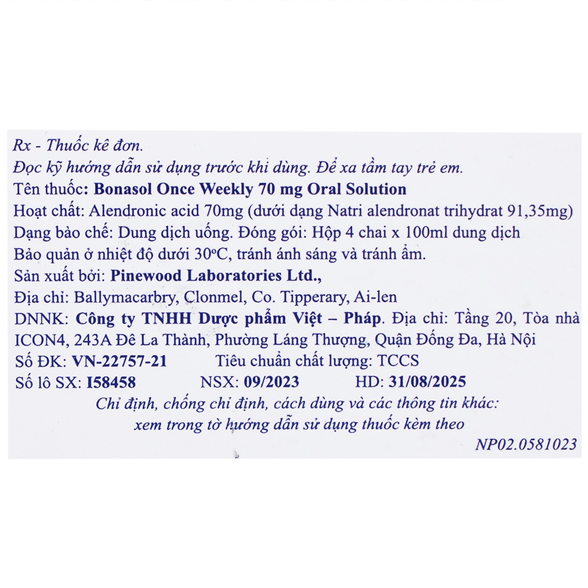 Dung dịch uống Bonasol Once Weekly 70mg Oral Solution Pinewood điều trị ...