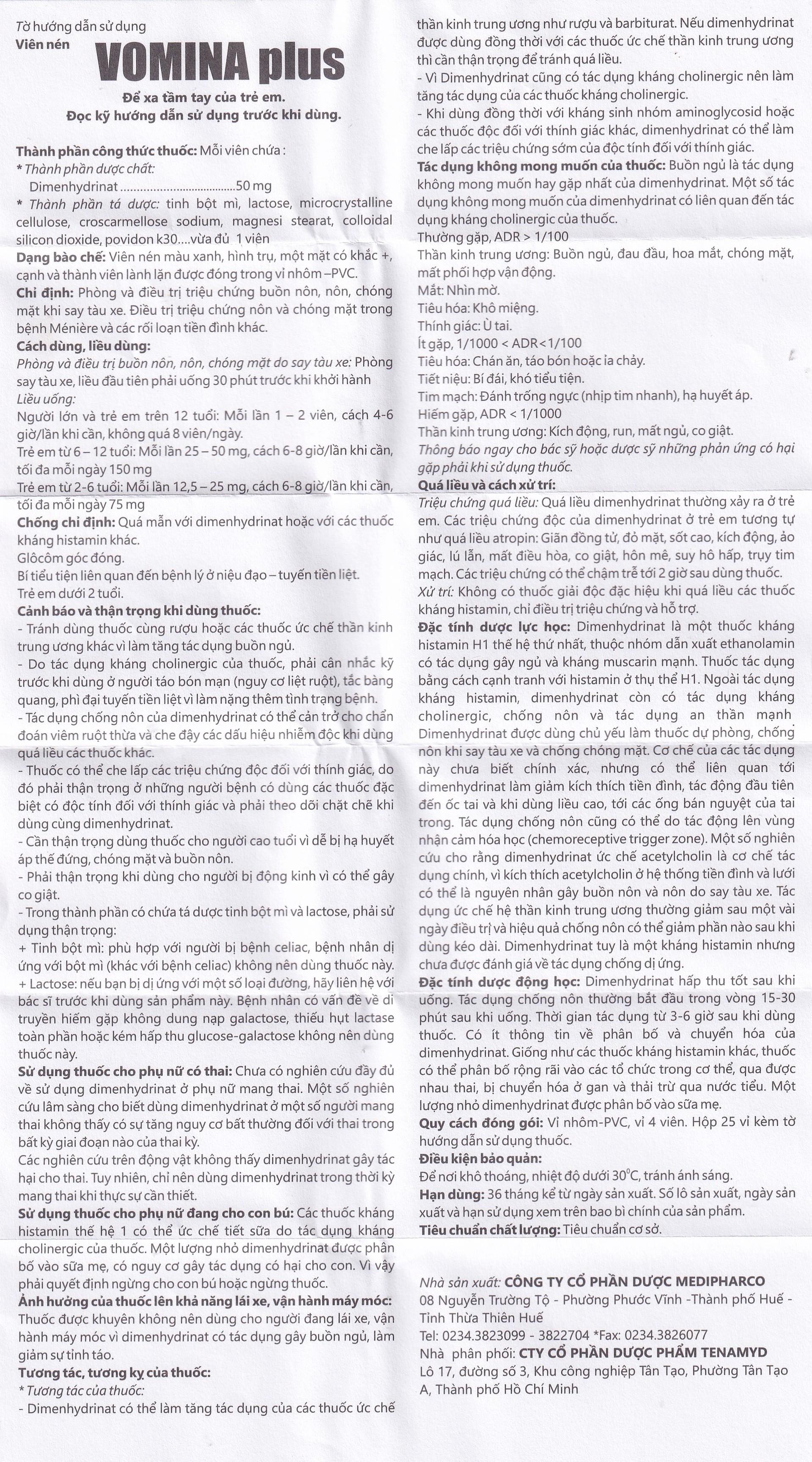 Thuốc Vomina Plus 50mg phòng và điều trị chứng buồn nôn, chóng mặt (25 ...