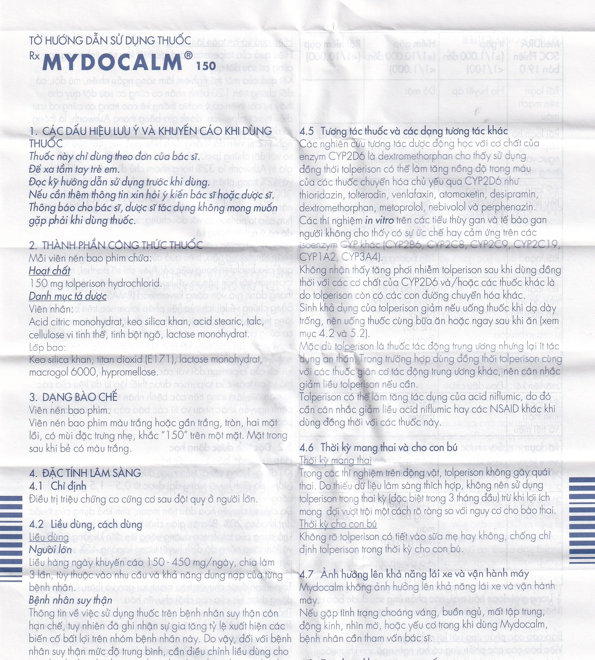 Mydocalm 150mg điều trị tăng trương lực cơ xương (3 vỉ x 10 viên)