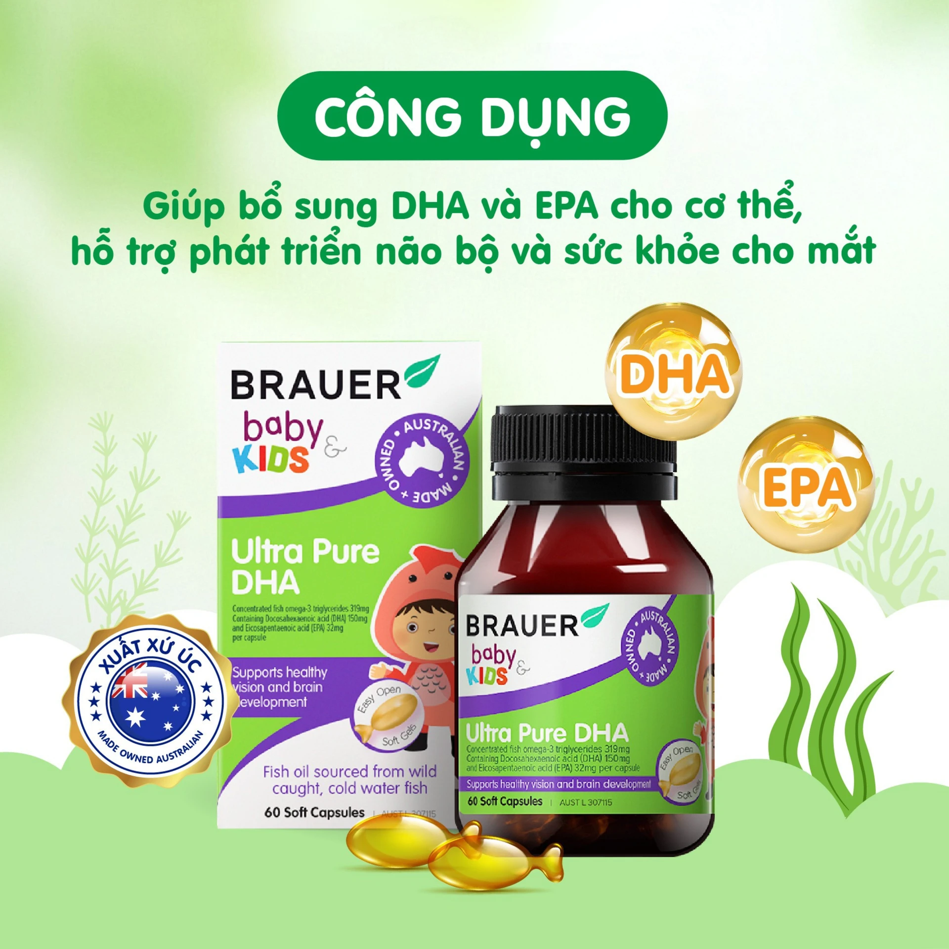Brauer Baby Kids Ultra Pure DHA bổ sung DHA và EPA (60 viên)