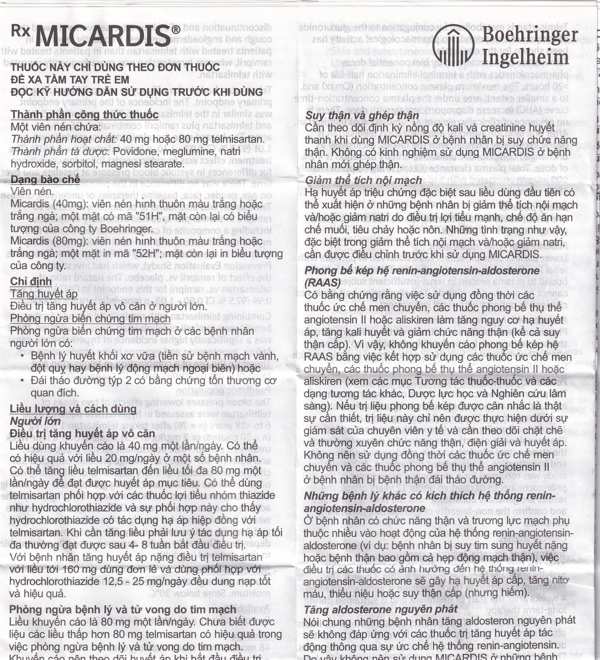 Micardis 40mg Boehringer điều trị tăng huyết áp (3 vỉ x 10 viên)