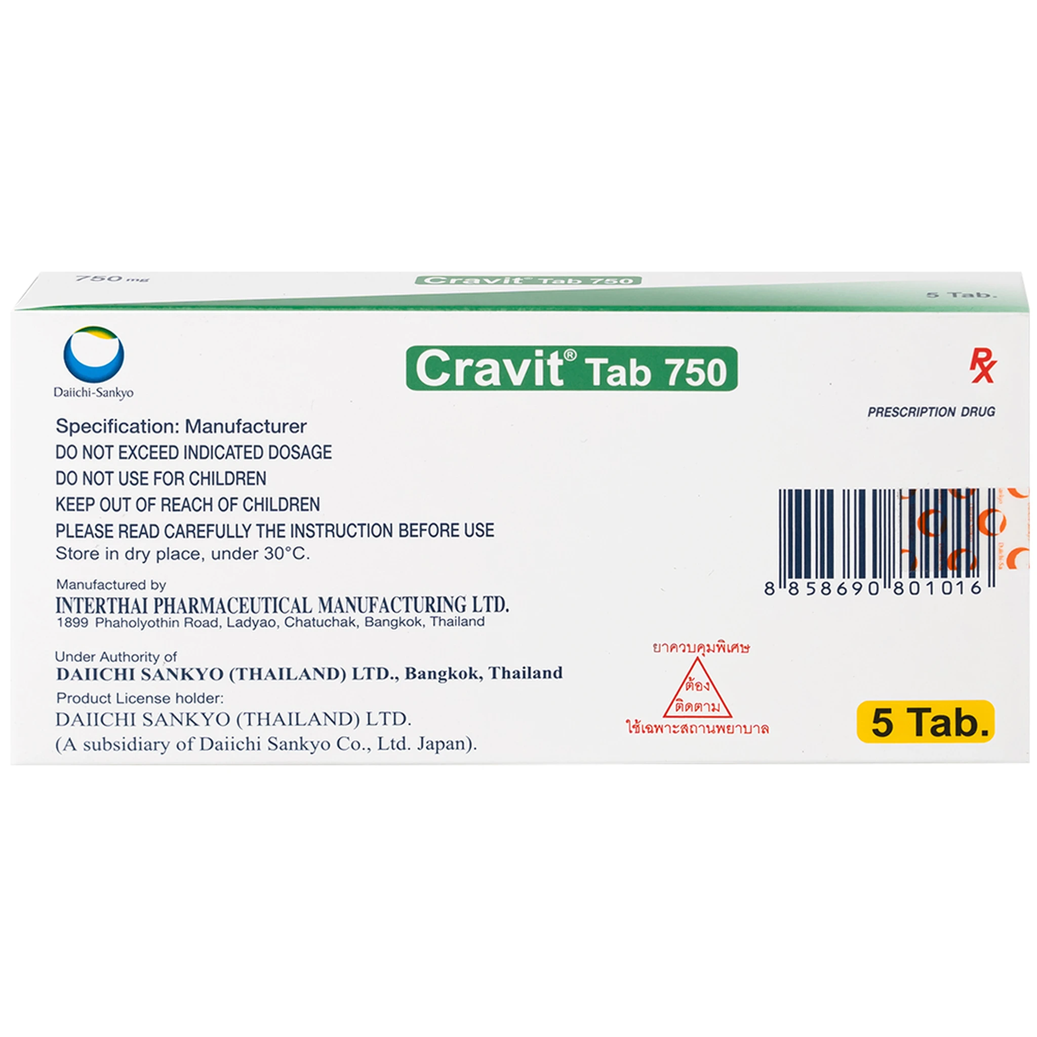 Thuốc Cravit Tab 750mg Interthai Pharm điều trị nhiễm khuẩn nhẹ, trung ...
