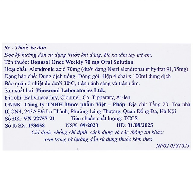 Dung dịch uống Bonasol Once Weekly 70mg Oral Solution Pinewood điều trị ...