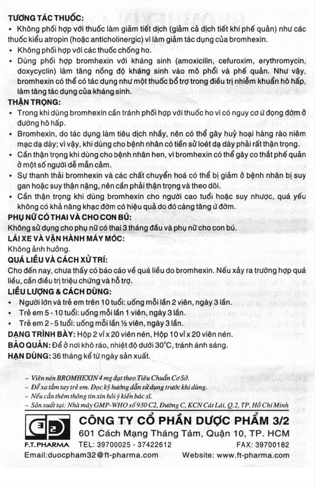 Bromhexin 4mg F.T Pharma: Thuốc long đờm (200 viên)