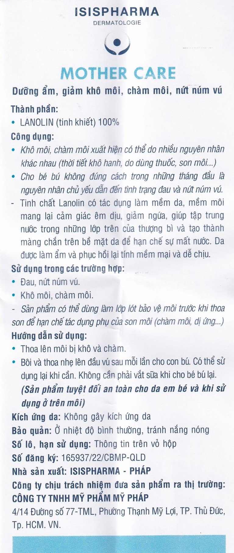 Kem Isis Pharma Mothercare dưỡng ẩm môi, giảm nứt núm vú