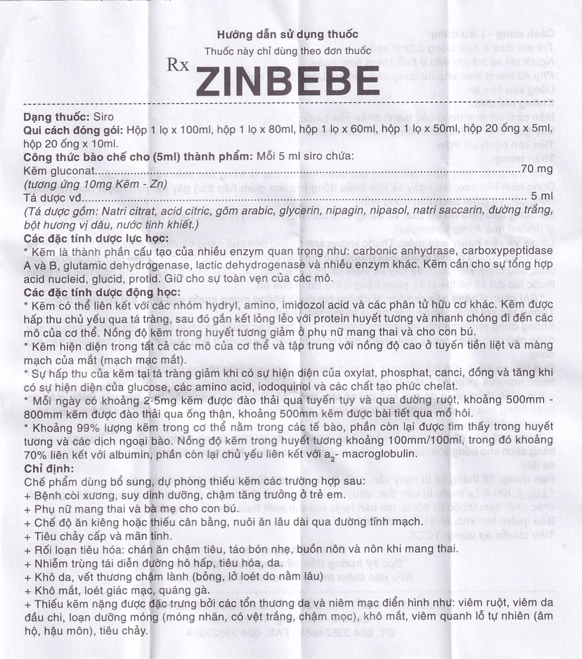 Siro Zinbebe Hà Tây 60ml điều trị gì? Cách sử dụng