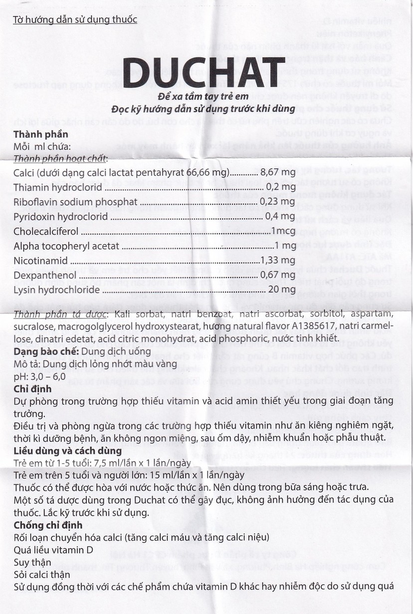 Thuốc Duchat phòng, trị thiếu vitamin, acid amin (20 ống x 7.5ml)
