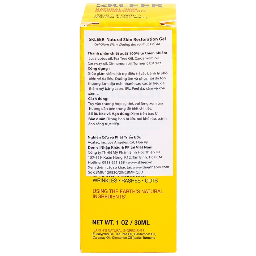 Gel Skleer Natural Skin Restoration giảm viêm, dưỡng ẩm (30ml)