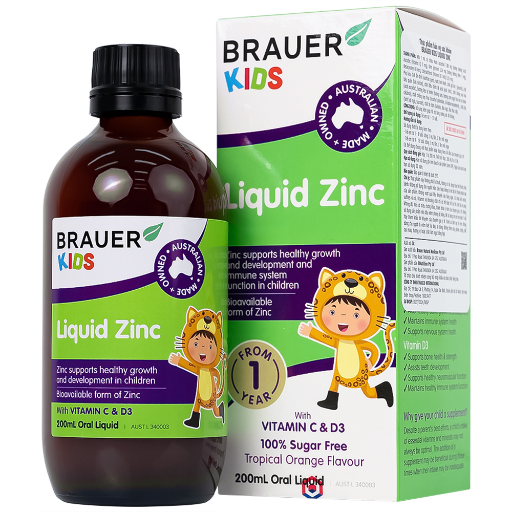 Siro kẽm Brauer Baby Kids Liquid Zinc cho trẻ 1-13 tuổi (200ml)